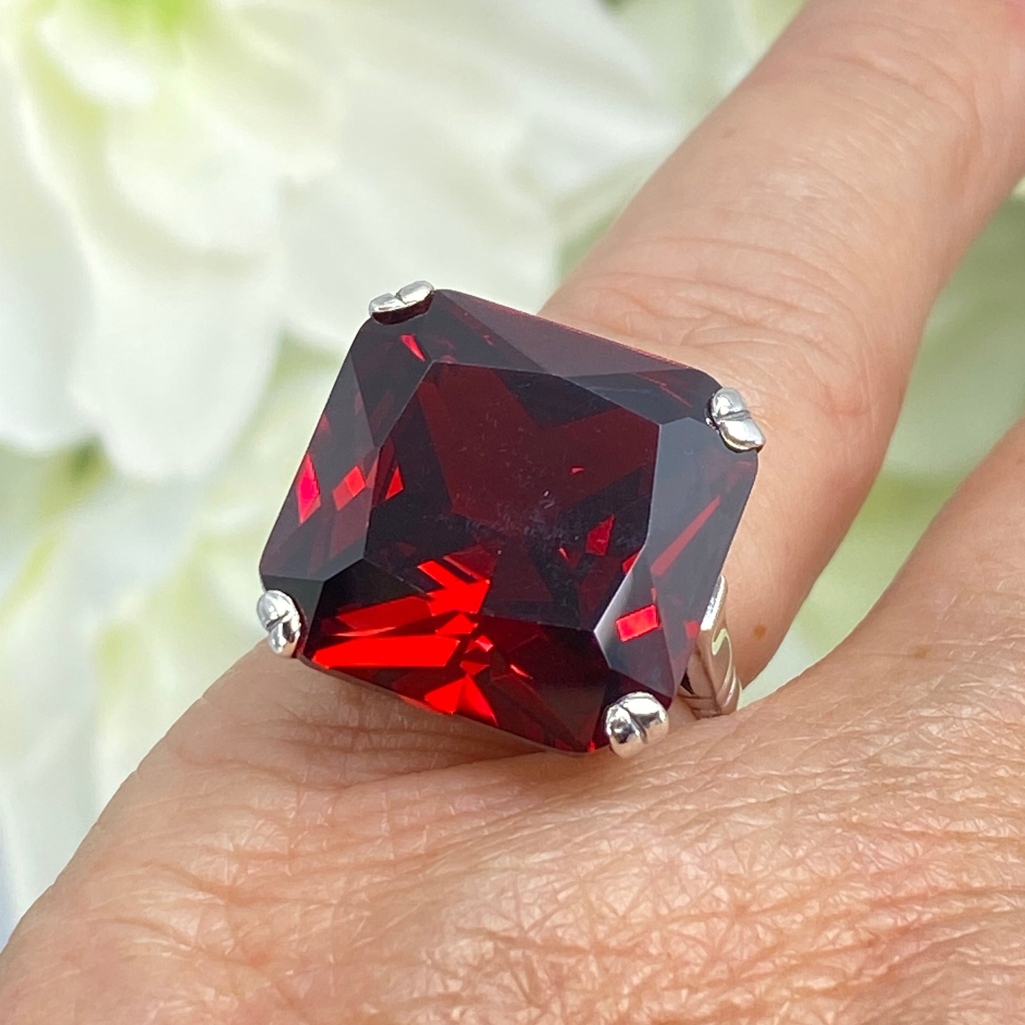 Garnet CZ Ring 20ct Big Huge Square Gem Vintage Jewelry D1 Silver Embrace