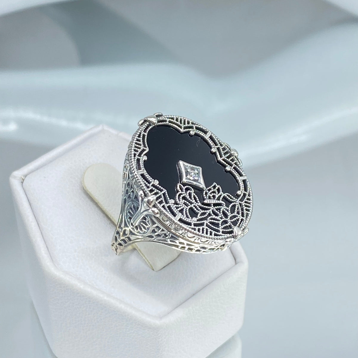Black Camphor Glass Ring, Size 9, Oval Stained-Glass with inset, Looki ...